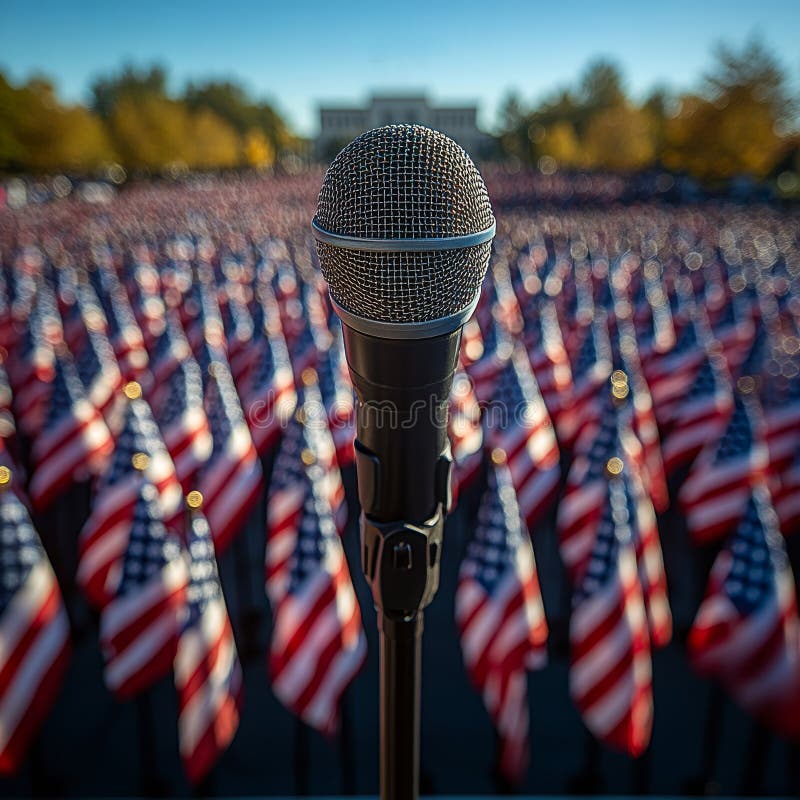 A Microphone is Pointed at a Large Crowd of American Flags Stock Image ...