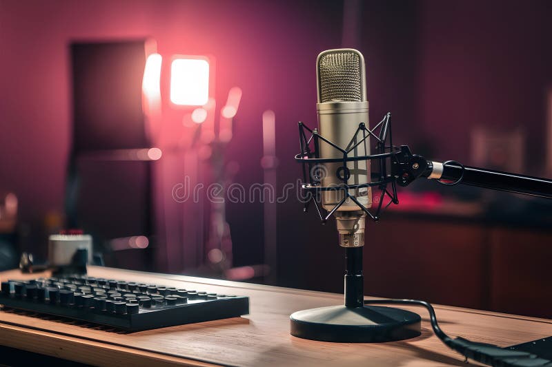 Microphone Poised on Desk in Recording Studio, Ready for Use Stock ...