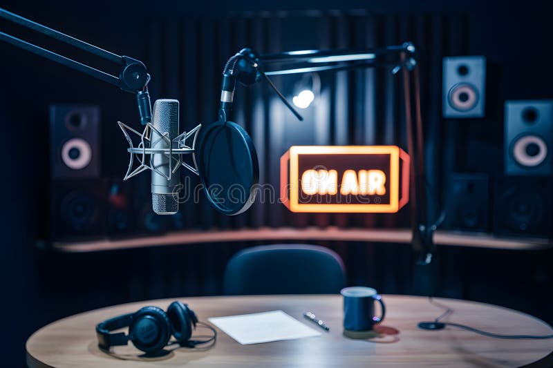 Microphone with Pop Filter in Studio, on AIR Sign Glows, Professional ...