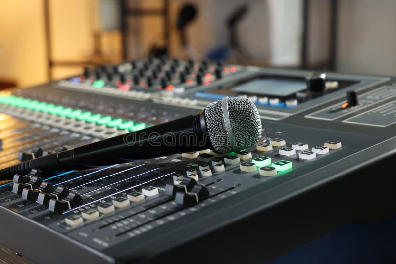 Microphone on Professional Mixing Console in Radio Studio Stock Photo ...