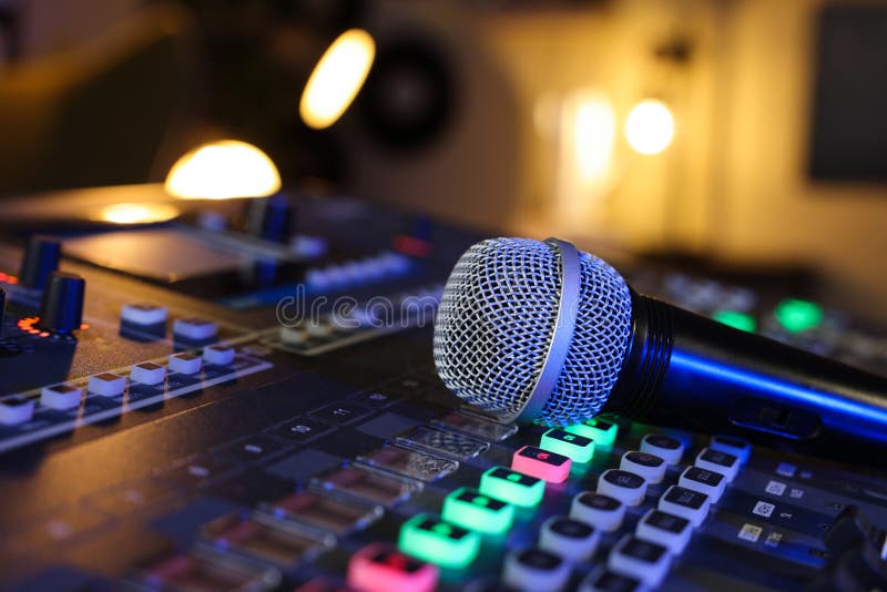 Microphone on Professional Mixing Console in Radio Studio, Closeup ...