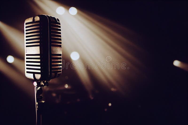 Microphone Ready on Stage Against Against Backdrop of Spotlights and ...