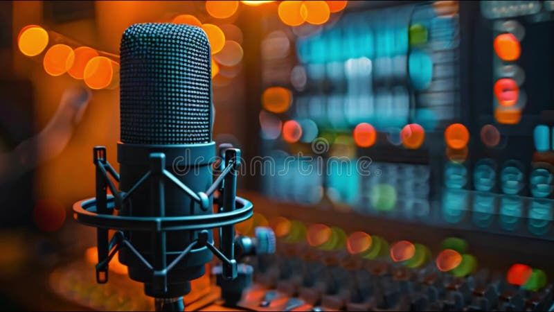 A Microphone in a Recording Studio with Colorful Lights in the ...