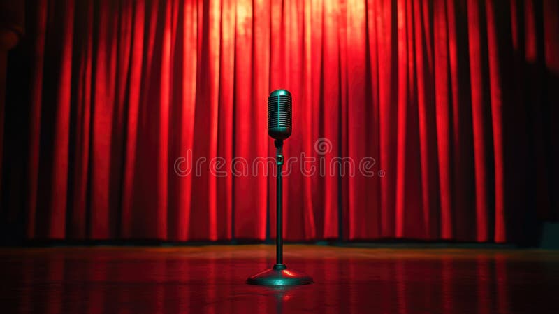 Microphone on Red Curtain stock image. Image of stage - 379729377