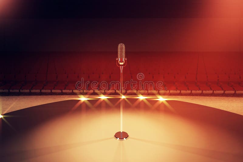 Microphone on red stage stock illustration. Illustration of comedian ...