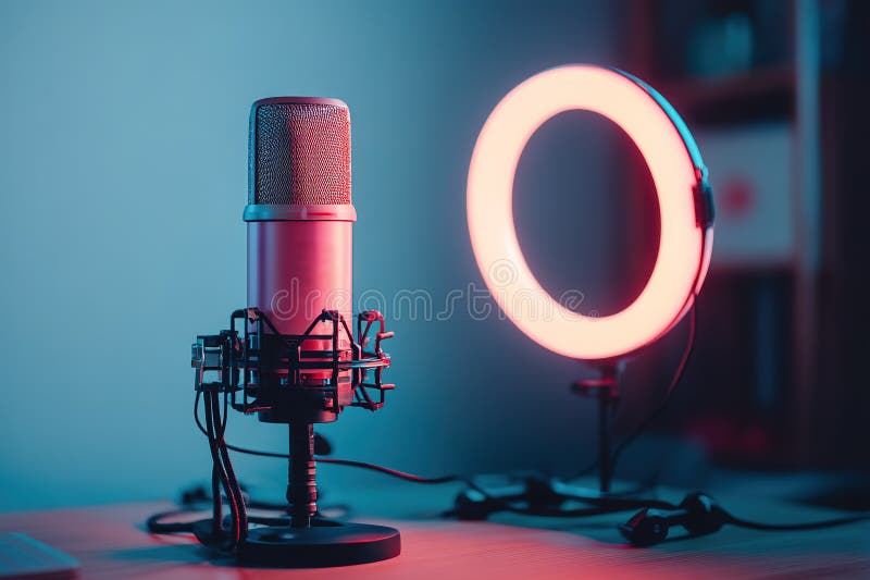 Microphone and Ring Light Setup in a Modern Workspace for Recording or ...