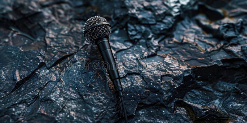 A microphone is on a rock stock photo. Image of entertainment - 375607118