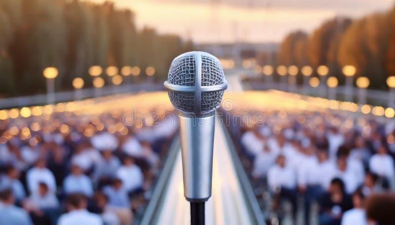 A Microphone Set Up in Front of a Large Crowd at an Outdoor Event ...