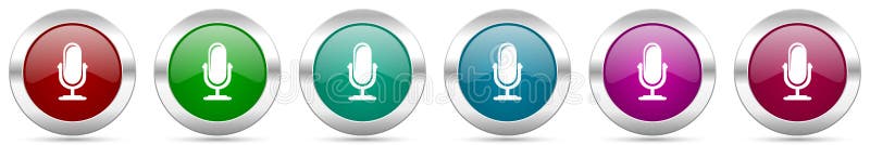 Microphone Silver Metallic Vector Icon Set, Round Glossy Buttons with ...