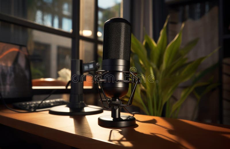 A Microphone Sits on a Desk in a Home Office Stock Image - Image of ...
