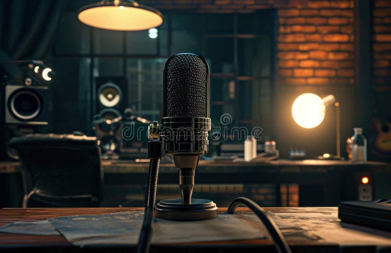 A Microphone Sits on a Desk in a Recording Studio Stock Image - Image ...