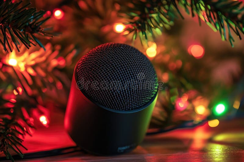 A Microphone Sits Next To a Decorated Christmas Tree Stock Image ...