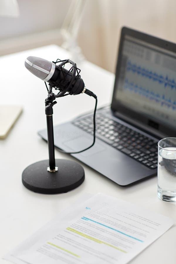 Microphone and Sound Editor on Laptop at Office Stock Photo - Image of ...