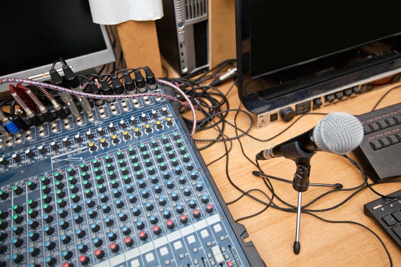 Microphone and Computer Keyboards on Table at Television Studio Stock ...