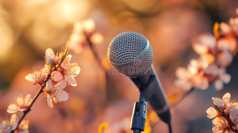 Microphone on a Spring Blossoming Trees Background. an Outdoor Concert ...