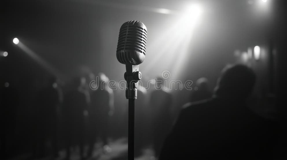 Microphone on Stage, Audience in Shadows, Dramatic Lighting ...