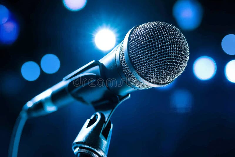 Microphone on Stage Awaiting Performer with Blue Background Lights ...