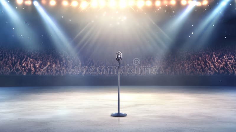 Microphone on Stage Awaiting Singer in Front of Cheering Crowd Stock ...