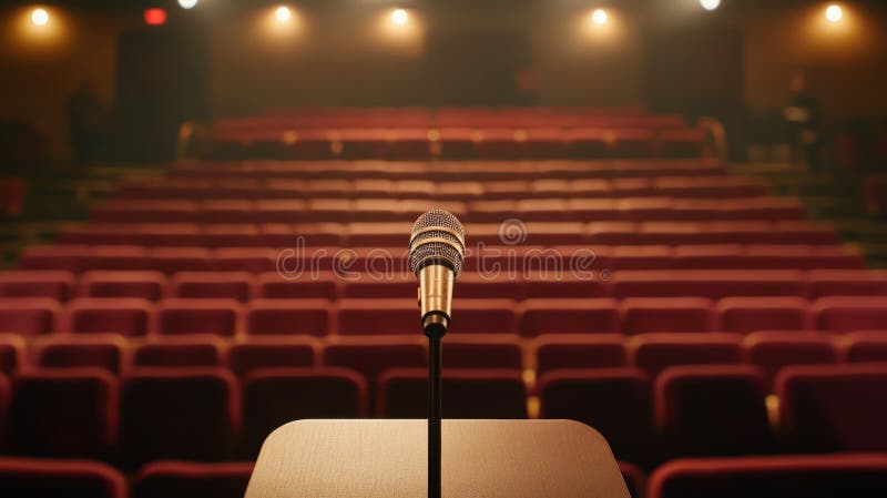 Microphone on Stage Awaiting Singer or Speaker in Empty Auditorium ...
