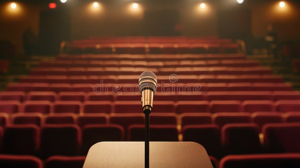 Microphone on Stage Awaiting Singer or Speaker in Empty Auditorium ...