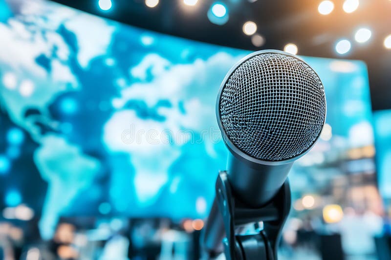 Microphone on Stage with Blurred World Map Background Ai Generator ...