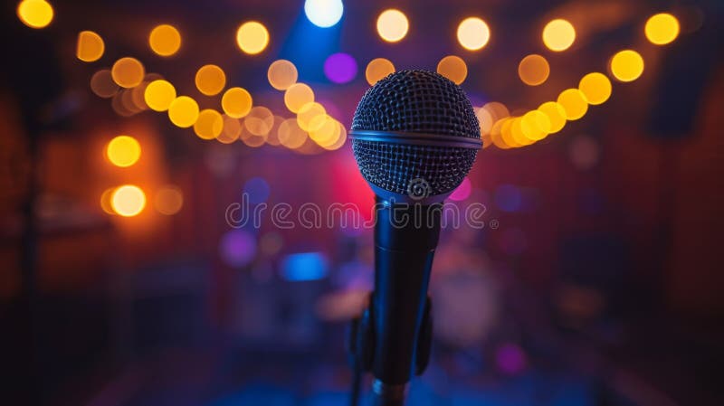 Microphone on Stage with Bokeh Lights in Background during Live ...