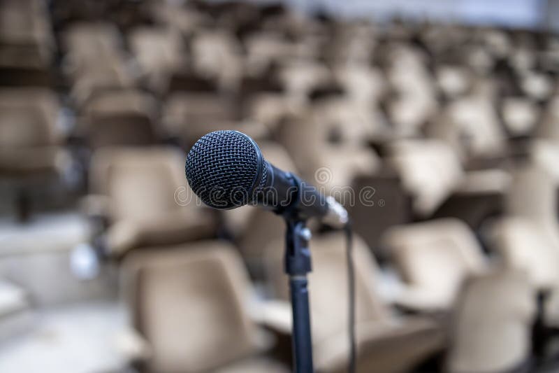 Microphone on the Stage and Empty Hall. Conference Hall or Seminar Room ...