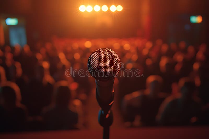 Microphone on Stage in Front of Crowd Stock Illustration - Illustration ...