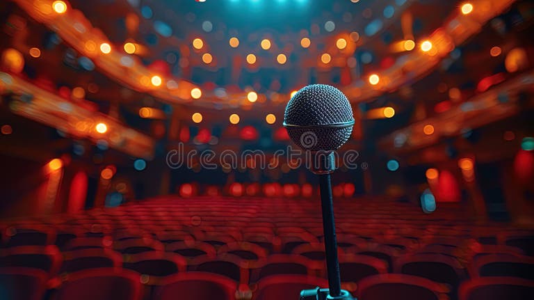 Microphone on Stage in Front of Empty Audience Seats Stock Image ...