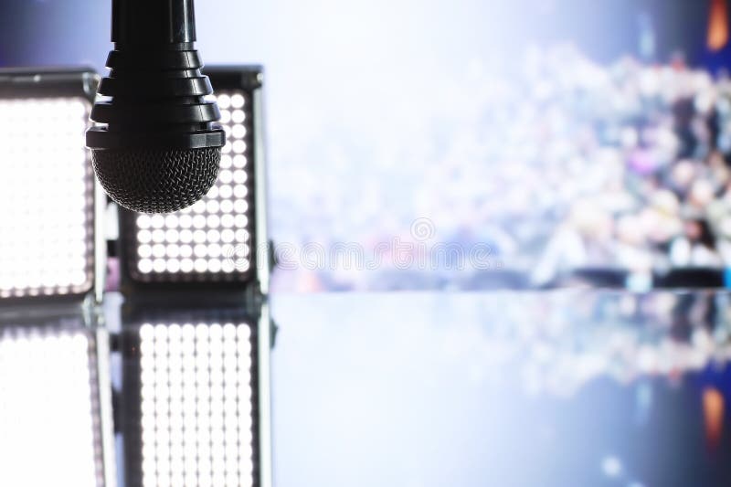 The Microphone on the Stage in Front of the Hall. Performance on Stage ...