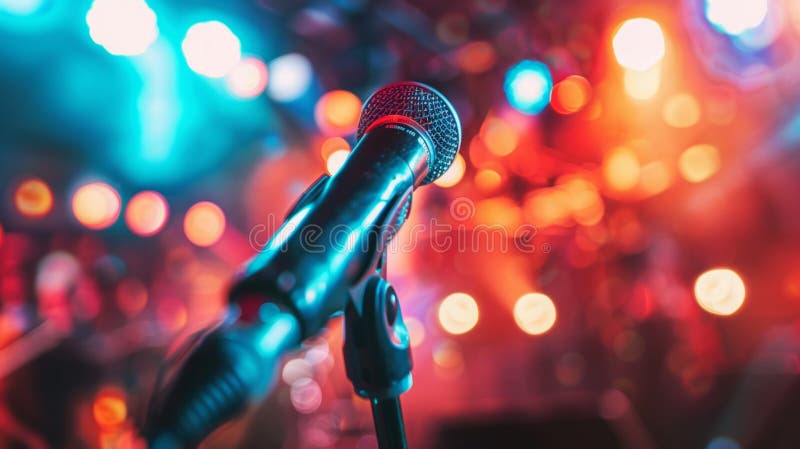 Microphone on Stage with Lights Stock Image - Image of stage, theater ...