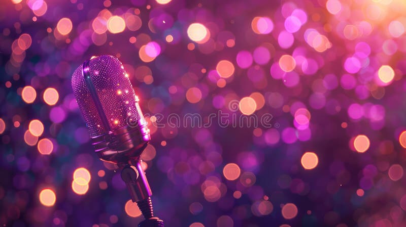 Microphone on Stage with Purple Glitter Light. Retro Microphone for ...