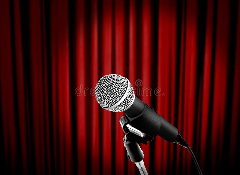 Microphone on Stage with Red Curtain Stock Photo - Image of music, path ...