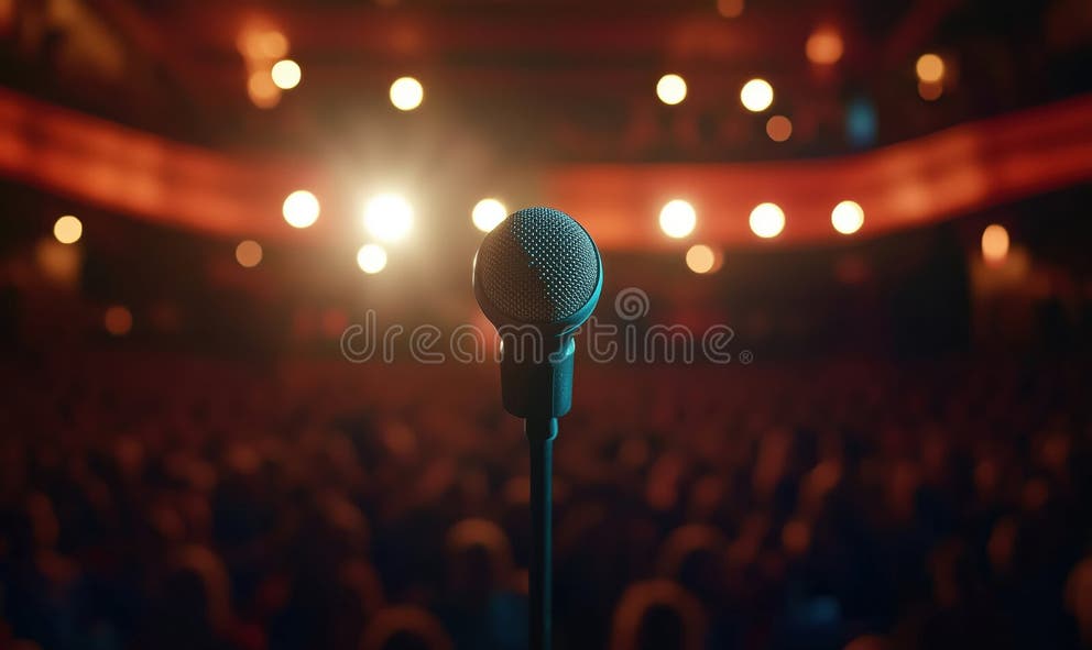 Microphone on Stage in Theater with Blurred Audience and Dramatic ...