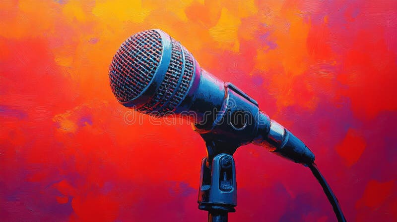 Microphone on Stand Against Vibrant Red and Orange Background, Artistic ...