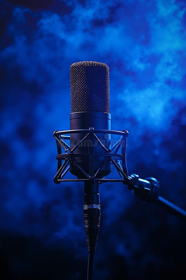 A Microphone on a Stand with a Blue Background Stock Photo - Image of ...