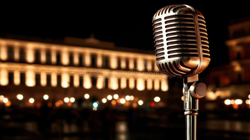 A Microphone on a Stand in Front of a Building. Stock Photo - Image of ...