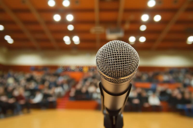 A Microphone is on a Stand in Front of a Crowd of People Stock Photo ...