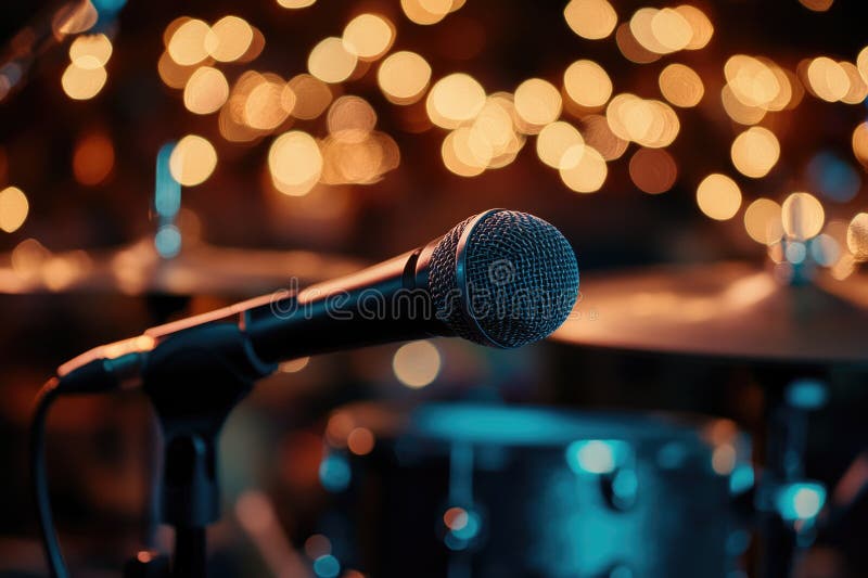 A Microphone Stand in Front of a Drum Set, Ready for Use Stock Photo ...