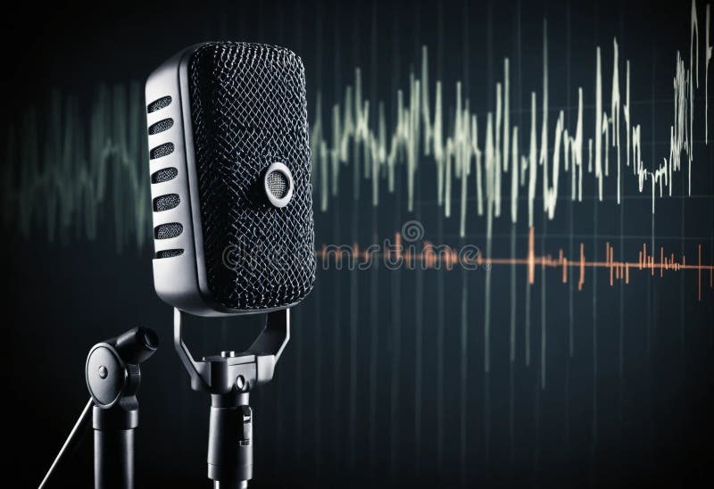 A Microphone is on a Stand in Front of a Graph of Sound Waves Stock ...