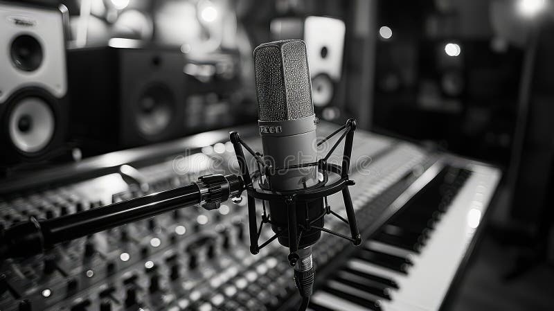 A Microphone is on a Stand in Front of a Keyboard Stock Photo - Image ...