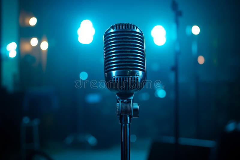 A Microphone on a Stand in Front of a Stage with Lights Stock Image ...