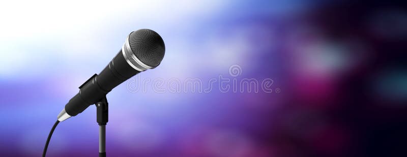 Microphone on Stand Isolated on Blue Background, Banner, Copy Space. 3d ...