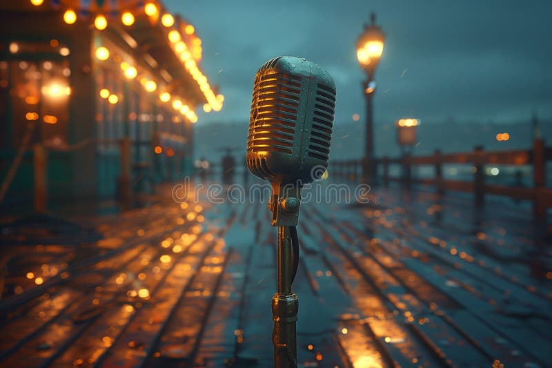 Microphone and Stand are Placed on a Wooden Bridge while it is Raining ...