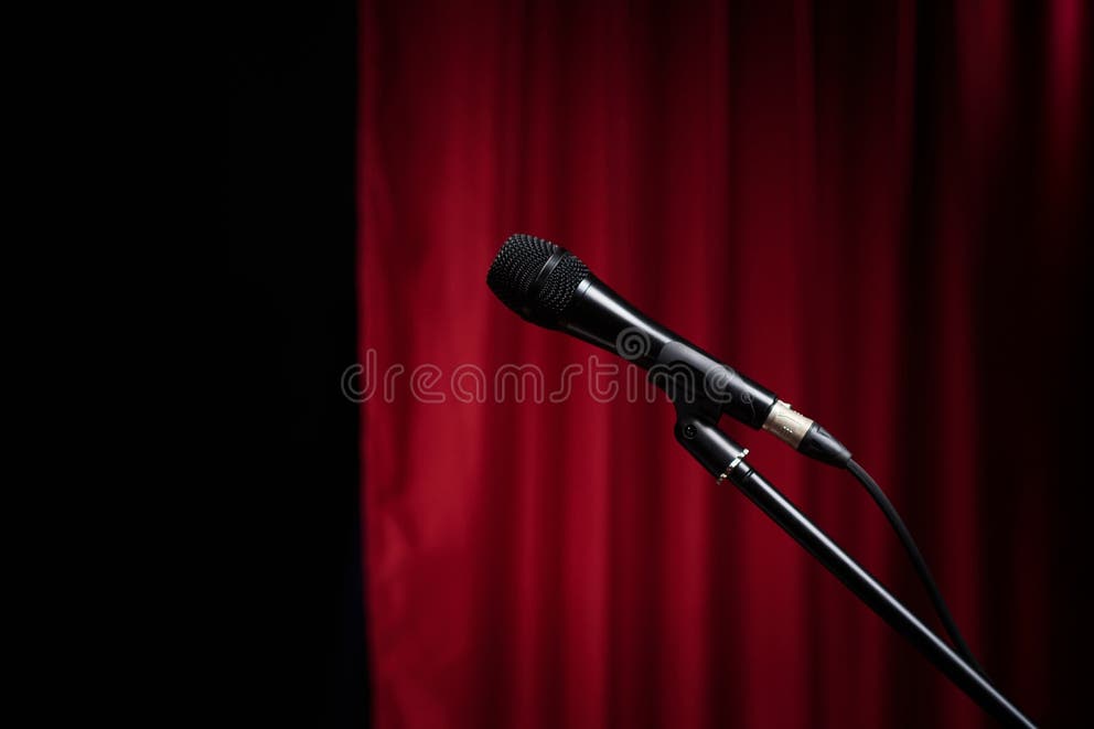 Microphone on Stand with Red Stage Curtains Background Stock Image ...