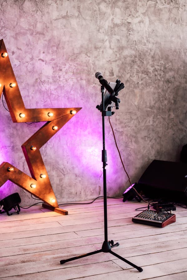 Microphone with a Stand on Stage. Preparation for the Speech Stock ...