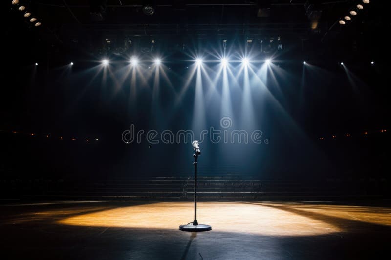 Microphone Spotlight on Stage with Red Curtain Backdrop Stock Photo ...