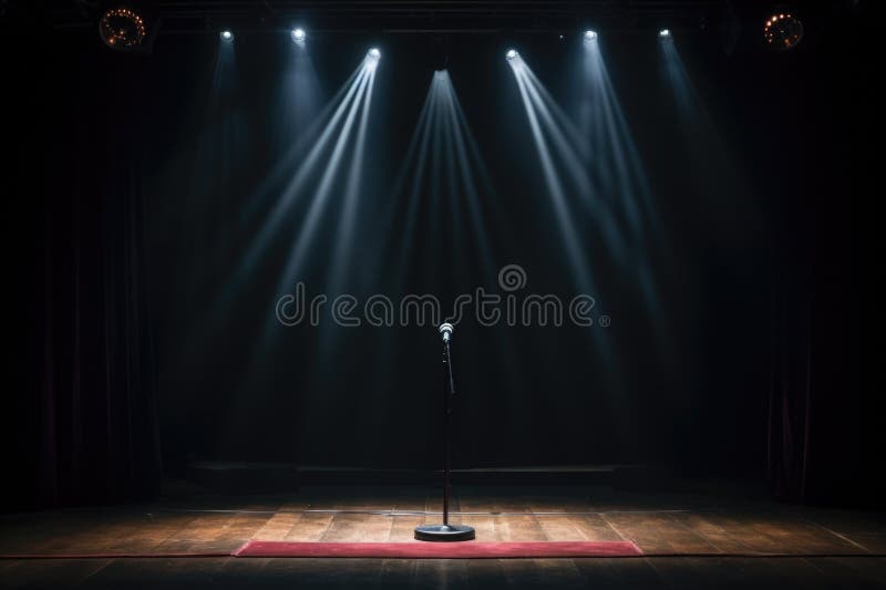 Microphone Spotlight on Stage with Red Curtain Backdrop Stock Photo ...