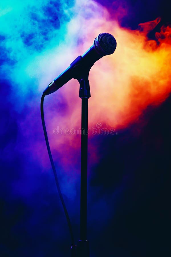 Microphone Standing on an Empty Stage with Colorful Light and Smoke ...