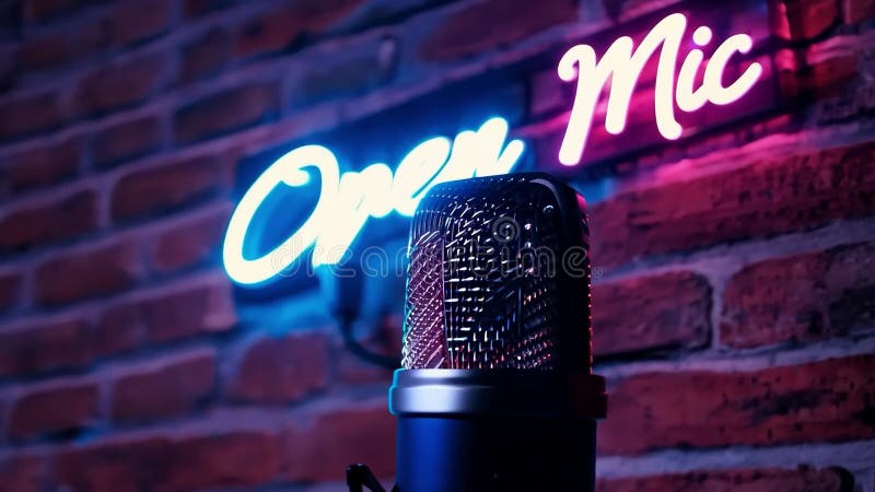 Microphone Standing before Open Mic Neon Sign Stock Footage - Video of ...